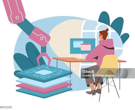 남자가 칩을 만들고 있습니다 컴퓨터 하드웨어 부품 근처에 컴퓨터를 가진 젊은 남자 현대 기술과 혁신 전자 산업 평면 벡터 일러스트 레이 션 광고에 대한 스톡 벡터 아트 및