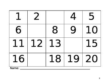 Number Charts 1 20 Number Sense Fill In The Missing Numbers TpT