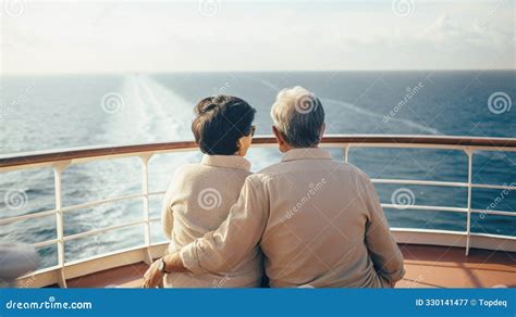 Mature Asian Couple On Cruise Ship Enjoying The Ocean View Back View
