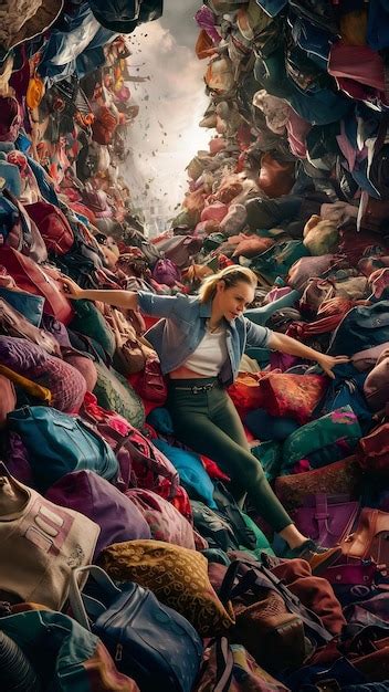 Woman Passing Trough Piles Of Bags Premium Ai Generated Image