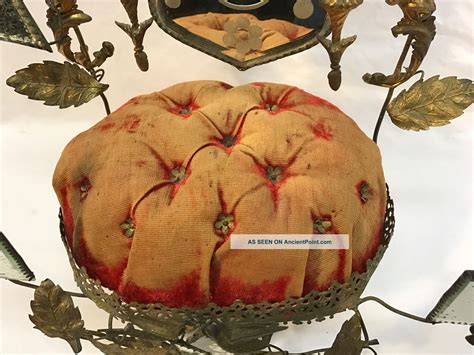Antique Victorian Ornate Brass And Velvet Sewing Pin Cushion