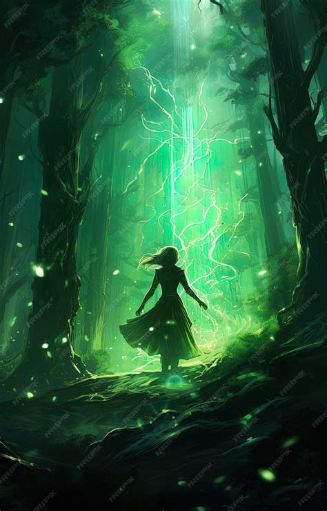 Premium Photo A Girl In A Dark Forest With A Green Light Behind Her
