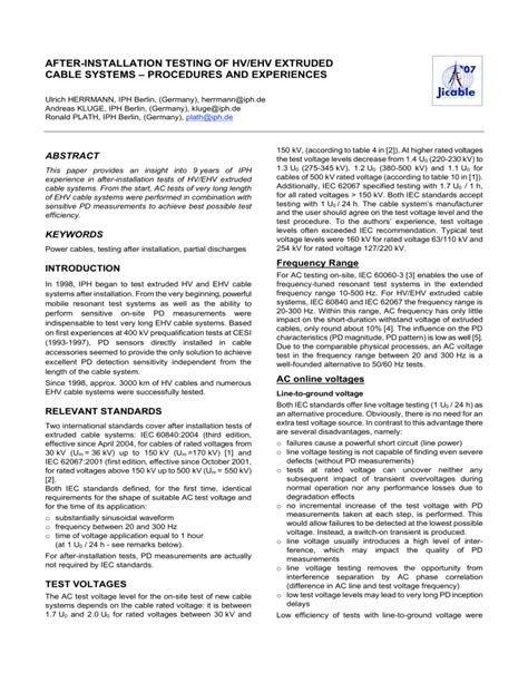 Hvehv Cable System Testing Procedures And Experiences