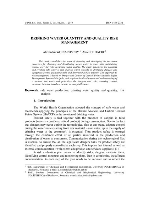Pdf Drinking Water Quantity And Quality Risk Management