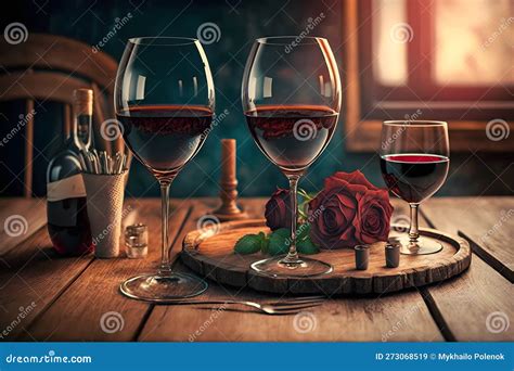 Glasses Of Red Wine In A Restaurant Romantic Dinner Stock Illustration