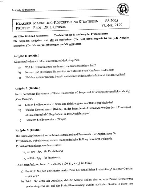 Klausur 2009 Fragen Lehrstuhl ﬁir Marketing KLAUSUR MARKETING