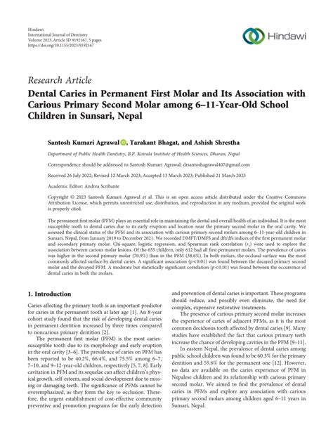 Pdf Dental Caries In Permanent First Molar And Its Association With Carious Primary Second