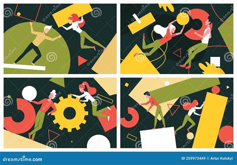 Teamwork Of People Organize Abstract Geometric Figures Set Partners Holding Circles Stock