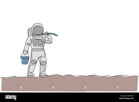 One Continuous Line Drawing Of Spaceman Carrying Bucket And Hoe On