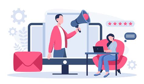 온라인 고객과의 상호 작용 노트북을 가진 여자가 확성기를 들고 남자 근처에 앉아 있습니다 소셜 네트워크 및 인터넷에서 회사 홍보 평면 벡터 일러스트 레이 션 개선에 대한