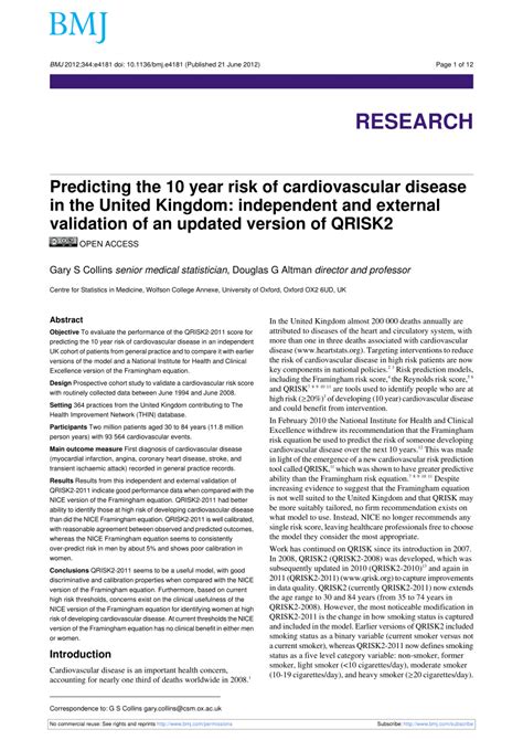 Pdf Predicting The 10 Year Risk Of Cardiovascular Disease In The United Kingdom Independent