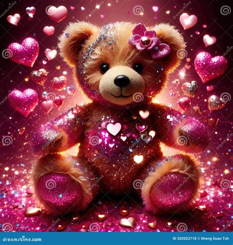 Teddy Bear With Pink Heart Sparkling Glitter Effect Stock Illustration