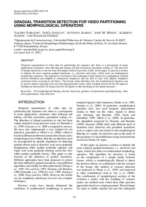 Pdf Gradual Transition Detection For Video Partitioning Using Morphological Operators