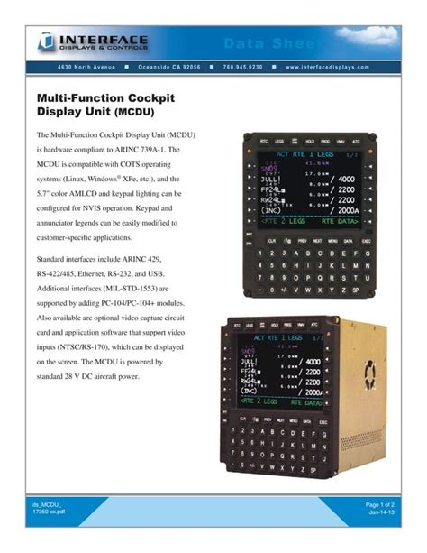 Multi Function Cockpit Display Unit Mcdu Data Sheet Interface Displays