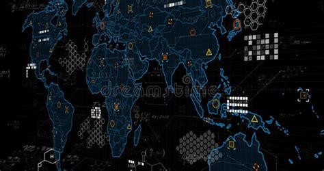 Animation Overlaying World Map With Digital Data Icons And Hexagonal
