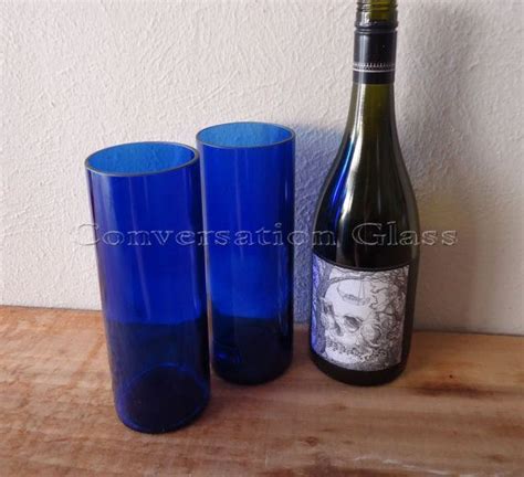 Upcycled Skyy Vodka Bottle Tumblers Drinking Glasses Tall Cobalt Blue