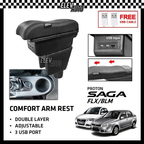 Proton Saga BLM FLX Premium Leather Arm Rest ArmRest Double Layer Adjustable USB Shopee