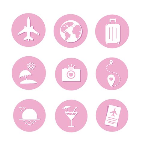 Set White Icons Stickers On Pink Circles Background Airplane Passport