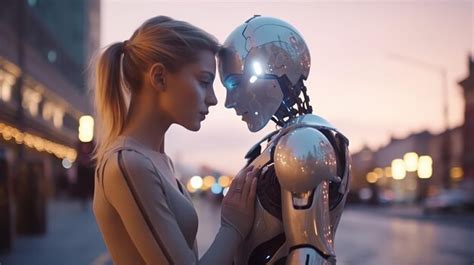 Premium Ai Image A Beautiful Woman Kissing Male Robot With Love Two
