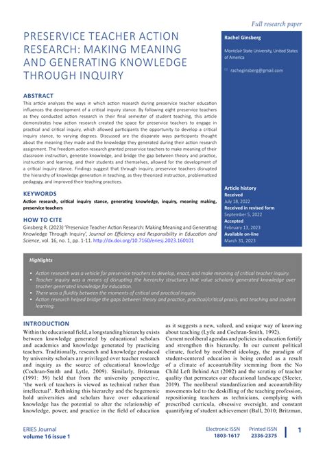 PDF Preservice Teacher Action Research Making Meaning And Generating