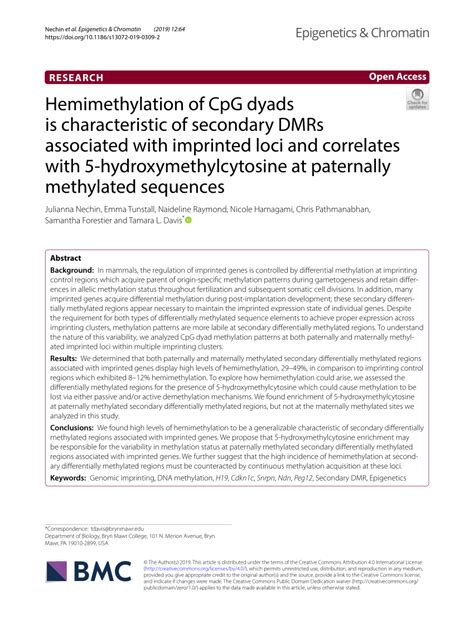 Pdf Hemimethylation Of Cpg Dyads Is Characteristic Of Secondary Dmrs Associated With Imprinted
