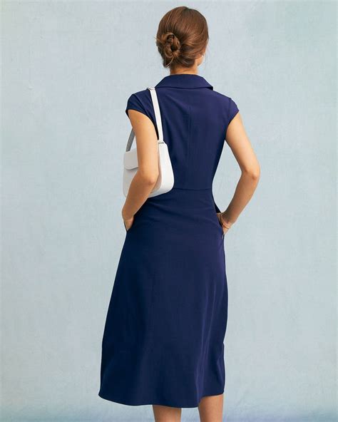 The Navy V Neck Button Cap Sleeve Midi Dress Navy Cap Sleeve V Neck