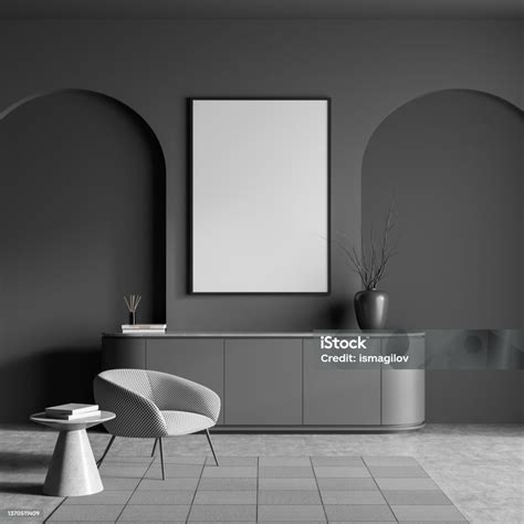복사 공간 모형 벽 포스터빌라 거실 디자인 인테리어 가구 어두운 벽 콘크리트 바닥에 회색 캐비닛 위에 걸려 휴식의 개념 3d 렌더링 0명에 대한 스톡 사진 및 기타 이미지