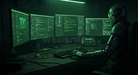 Coding At Multiple Monitors A Robot Working In A Green Office Stock Illustration Illustration