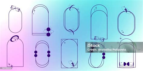 Aesthetic Frame 최소 요소 세트 별과 선이 있는 Y2k 그래픽 모양 미적 그라디언트 Vecor 그림입니다 현대적인 디자인을 위한 기하학적 아치 0명에 대한 스톡