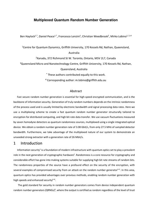 Pdf Multiplexed Quantum Random Number Generation
