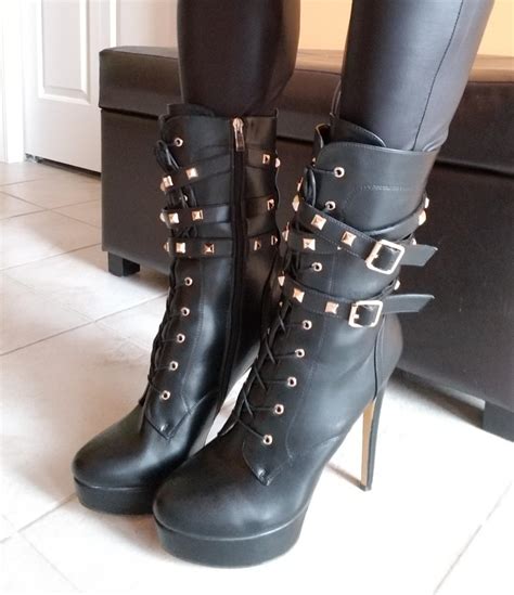 Womens Mid Calf Platform Boots High Heel Stiletto Lace Up Punk Rivet