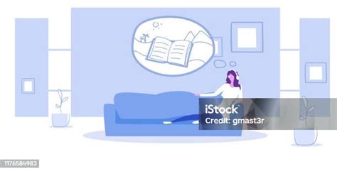 헤드폰을 통해 소파 청취 오디오 북에 누워 여자 여름 휴가 개념 현대 거실 인테리어 여성 만화 캐릭터 전체 길이 스케치 수평 벡터 일러스트 가구에 대한 스톡 벡터 아트 및