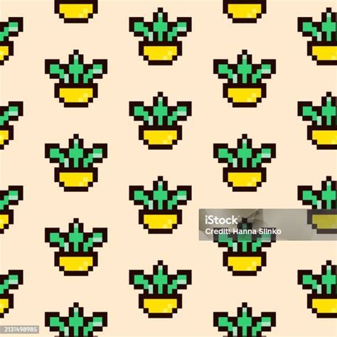 픽셀 아트 요소 식물 원활한 패턴입니다 픽셀 스타일의 한 요소 식물이 있는 원활한 패턴 벡터 일러스트 레이 션 1980 1989 년에 대한 스톡 벡터 아트 및 기타 이미지