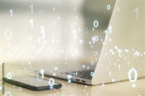 Creative Abstract Binary Code Hologram On Modern Computer Background