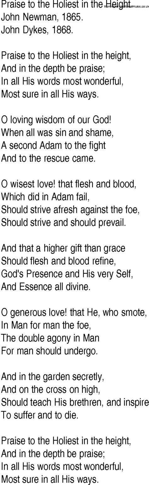 Hymn And Gospel Song Lyrics For Praise To The Holiest In The Height By