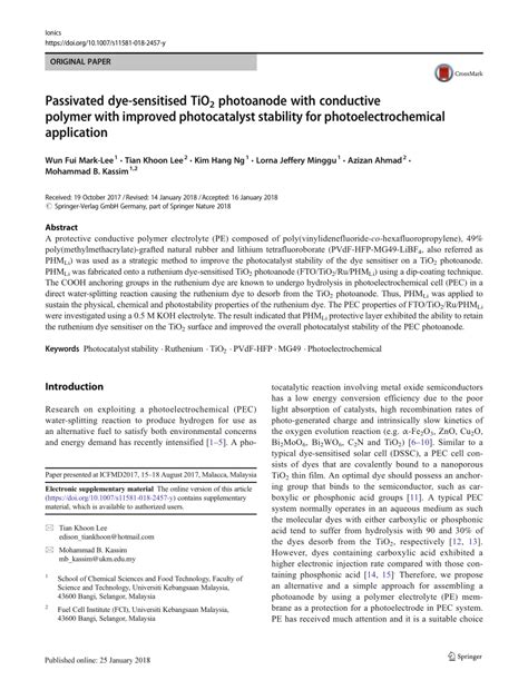 Pdf Passivated Dye Sensitised Tio2 Photoanode With Conductive Polymer