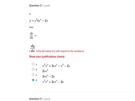solved question 2 1 ﻿point ify x2 ex 1 thendydx dydxshow