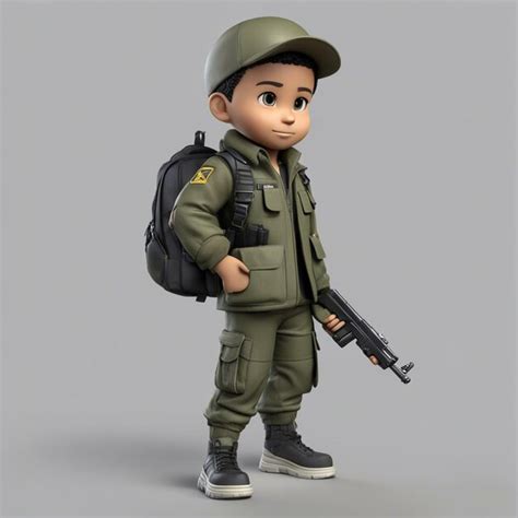 배낭을 사용하여 총과 재킷을 입은 Chibistyle 3d 귀여운 육군 군인 캐릭터 소년 프리미엄 사진