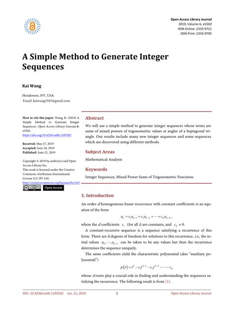 Pdf A Simple Method To Generate Integer Sequences