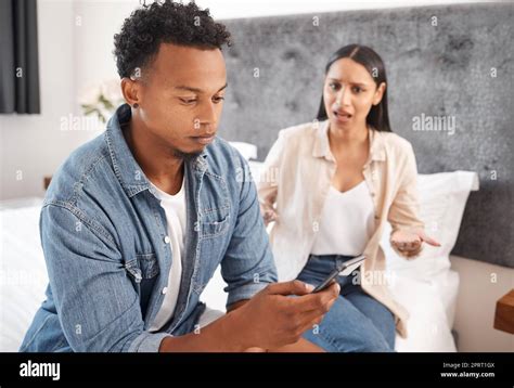 Couple Or Black Man Ignore Frustrated Woman With Phone On Social Media