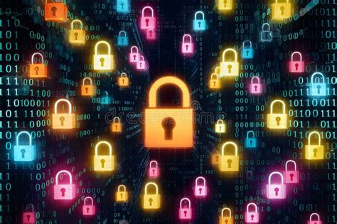 digital landscape with binary codes padlock symbols vibrant colors