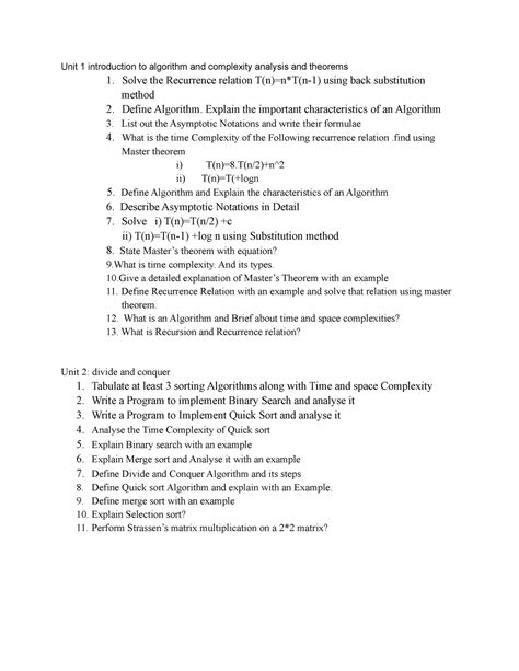 Daa Questions Bank Unit 1 Introduction To Algorithm And Complexity Analysis And Theorems 1