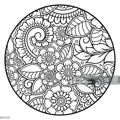 색칠 하기 책 페이지 멘디 스타일의 라운드 꽃 패턴을 설명 합니다 성인과 어린이를 위한 항 스트레스 블랙과 화이트의 낙서 장식 손 그리기 벡터 일러스트 레이 션입니다