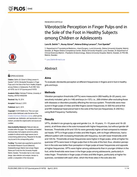 Pdf Vibrotactile Perception In Finger Pulps And In The Sole Of The Foot In Healthy Subjects