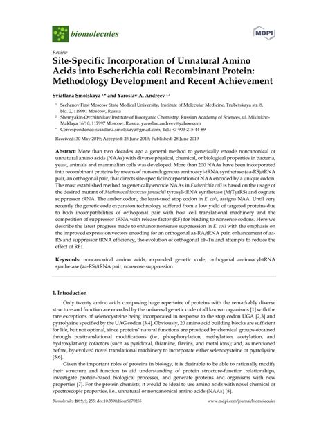 Pdf Site Specific Incorporation Of Unnatural Amino Acids Into