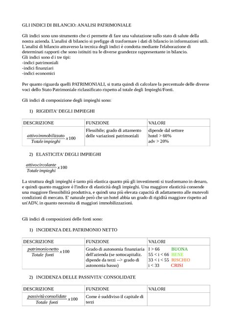 Gli Indici Di Bilancio Analisi Patrimoniale Docsity