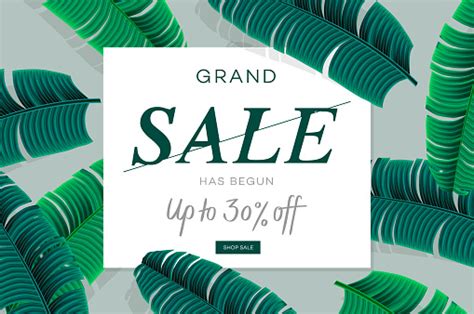 판매 배너 종 려 잎 정글 리프와 레터링 포스터 꽃 열 대 여름 배경입니다 벡터 일러스트 레이 션 고객 참여에 대한 스톡 벡터 아트 및 기타 이미지 Istock