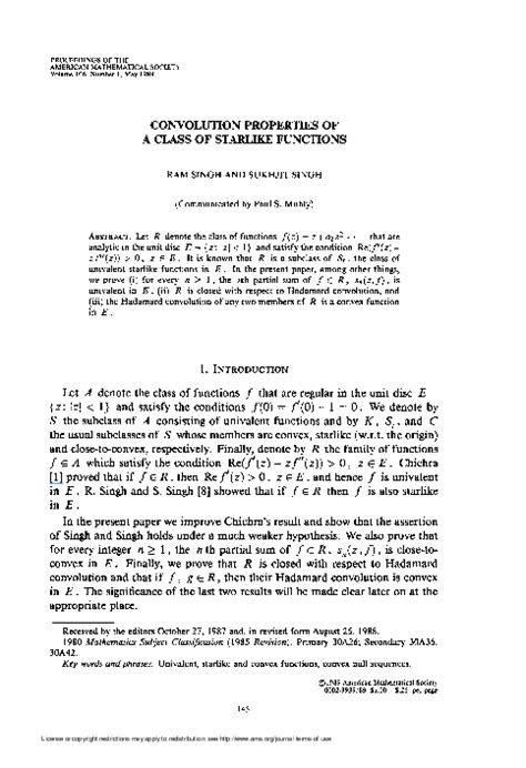 Pdf Convolution Properties Of A Class Of Starlike Functions