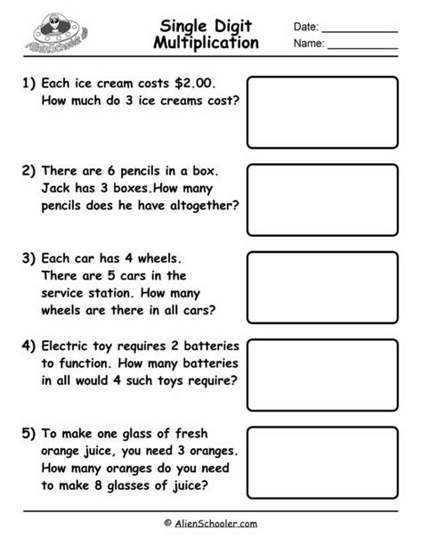 Single Digit Multiplication Word Problems Worksheet