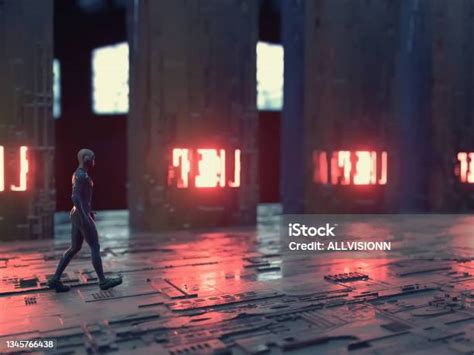 네온 조명과 로봇미래도시경관 공상 과학 소설과 판타지 개념 이것은 3d 렌더 그림입니다 0명에 대한 스톡 사진 및 기타 이미지